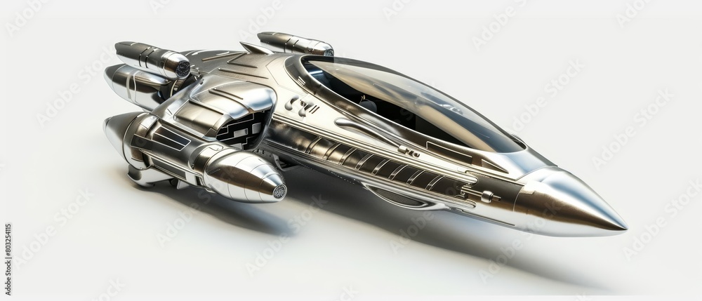 Render a realistic spaceship. The spaceship is made of metal and has a ...