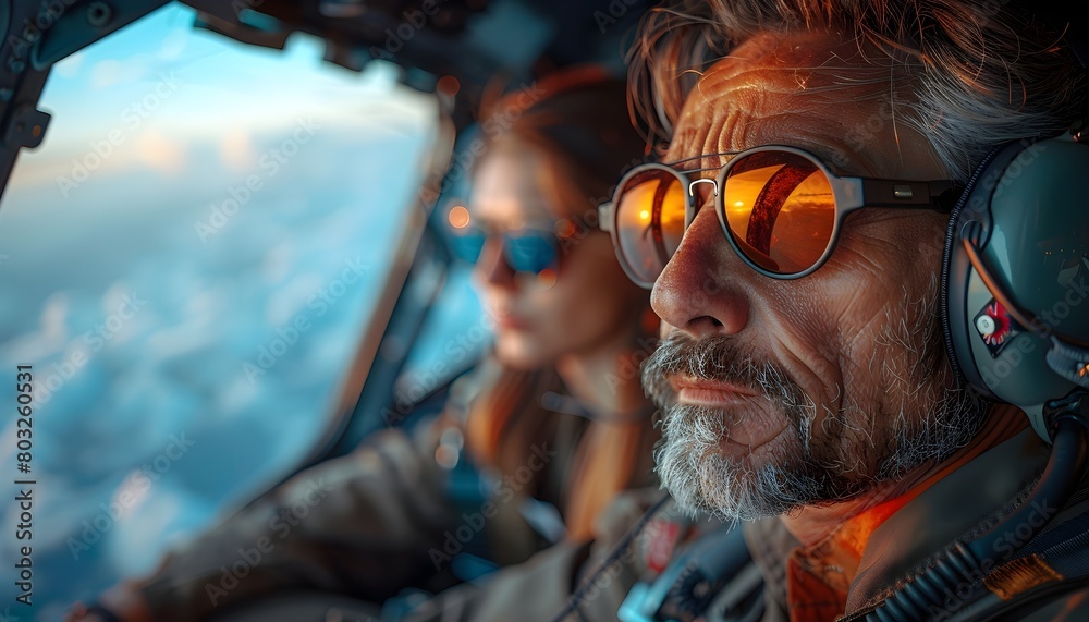 matured pilot couple in cockpit, Portrait of a handsome mature male ...