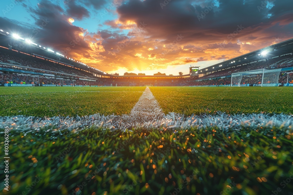 Epic view of a soccer field at sunset, showcasing the vivid grass, goal ...