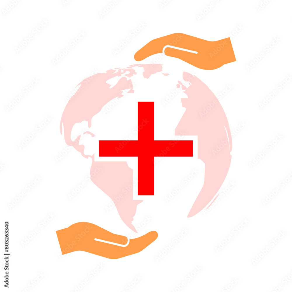 Vector illustration of Red Plus sign and world map with hands on ...