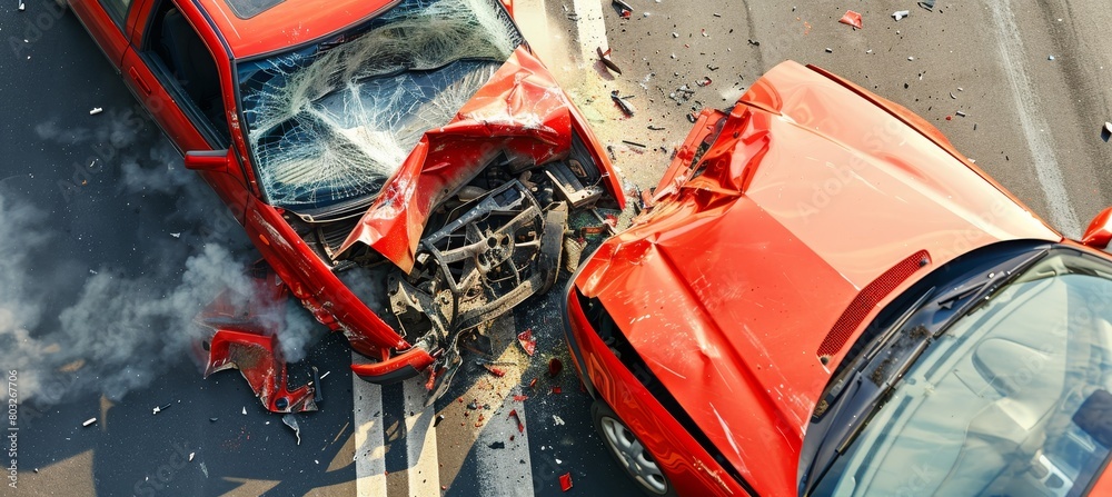 Top view of a severe car crash on the road resulting in a dangerous ...