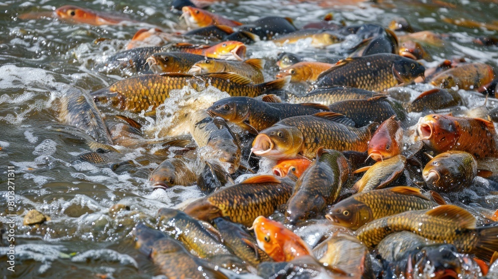 Crowd of many freshwater fish hungry such as catfish, snakehead fish ...