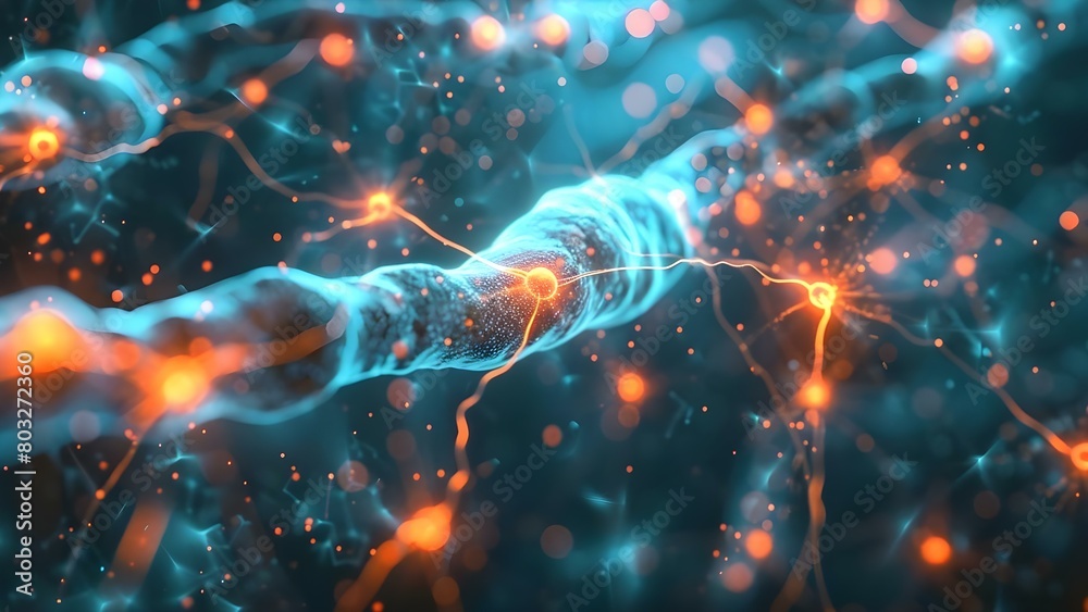 Microscopic view of neural network showing synapse and neuron cells communicating. Concept ...