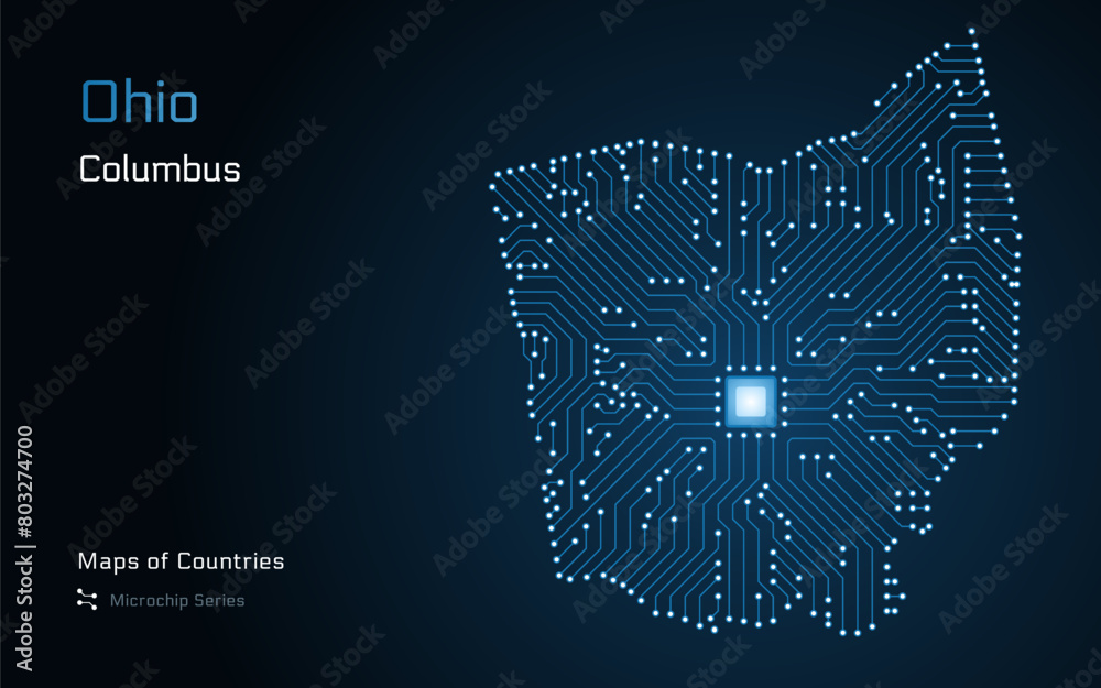 Ohio Map with a capital of Columbus Shown in a Microchip Pattern. E ...
