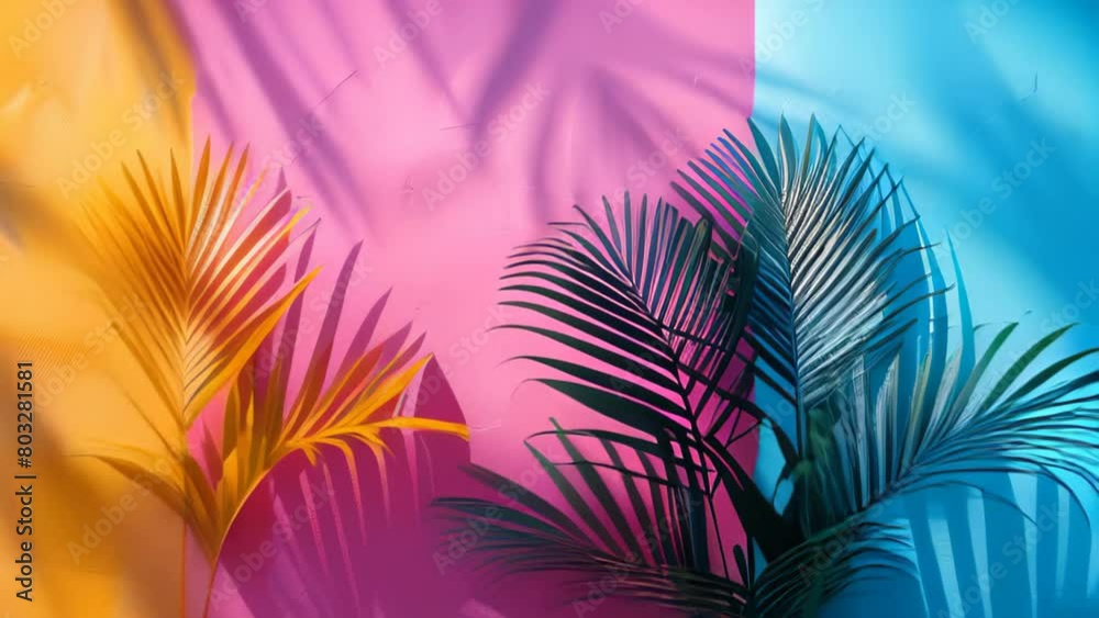 Palm leaf against sunlight, pattern texture foliage. yellow, pink, blue ...