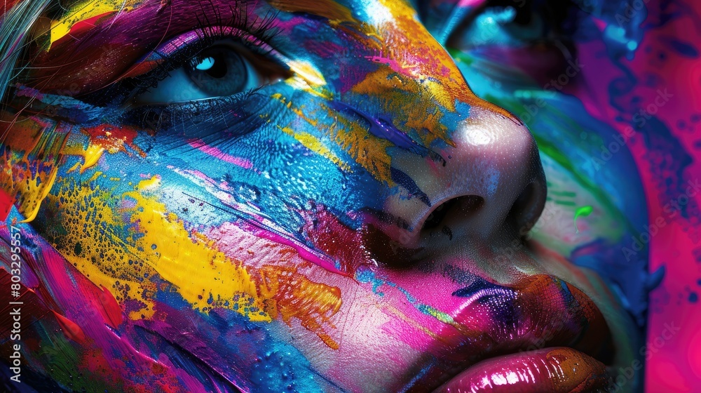 vibrant colors creating an array of digital prints, adult human faces ...