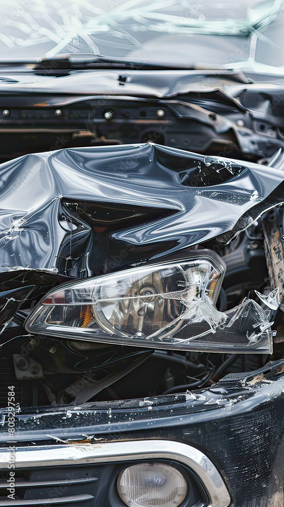 Highly detailed close-up of a severely crushed car, emphasizing the ...