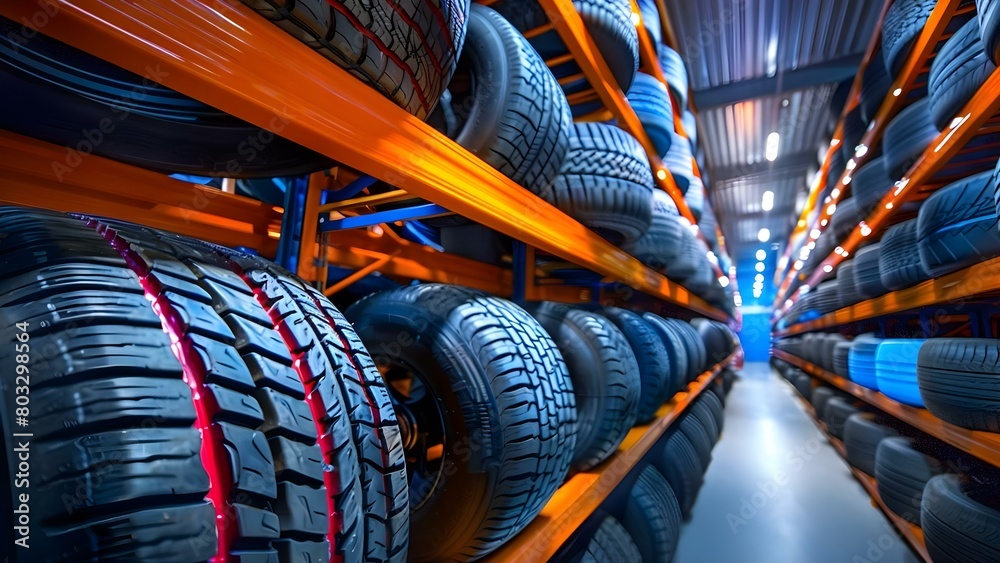 Tire storage system in warehouse displaying new car tires rack for auto ...