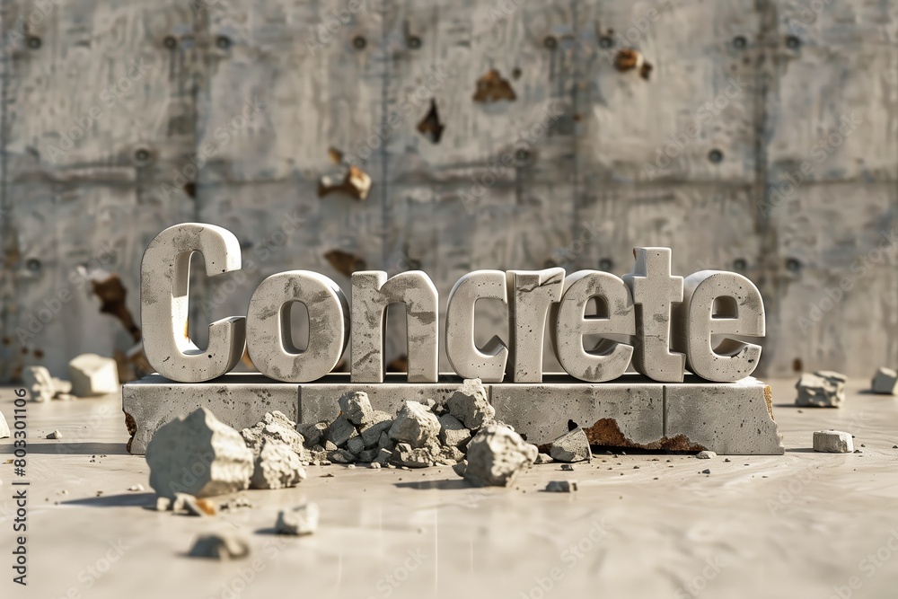 'Concrete' spelled out in 3D letters on a rough textured concrete ...