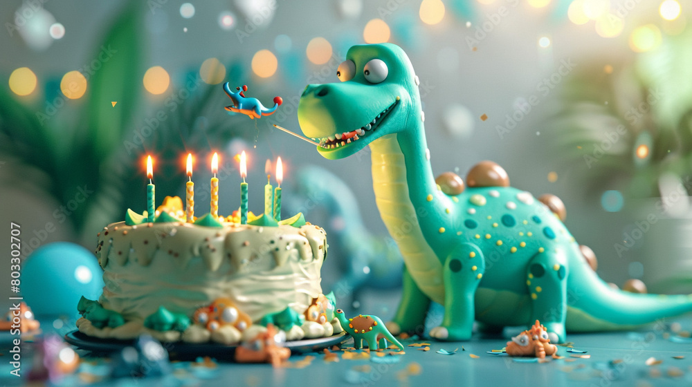 Brachiosaurus leaning down to blow out candles on a birthday cake ...