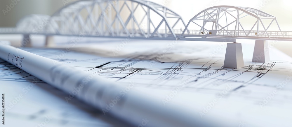 A bridge design blueprint showing architectural details and a model of ...