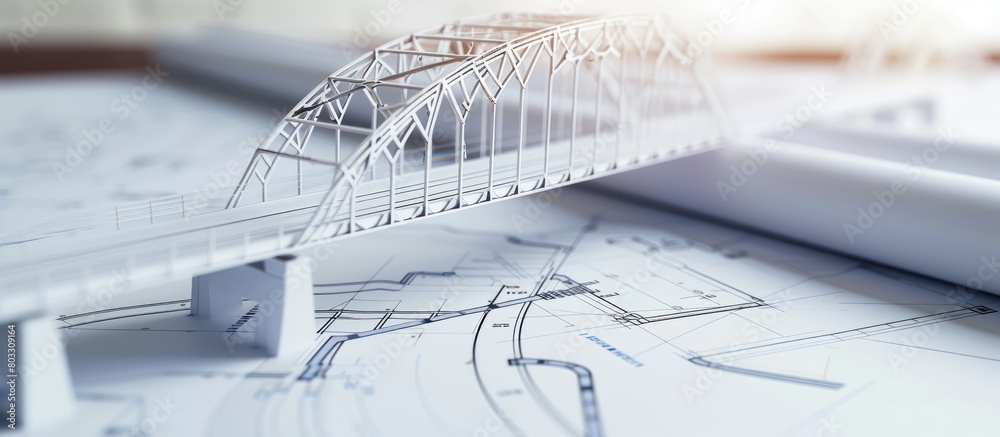 A bridge design blueprint showing architectural details and a model of ...