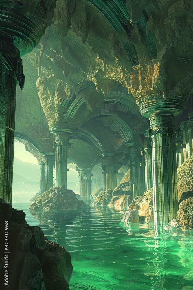 Mystical green temple ruin in the middle of a lake Stock Photo | Adobe ...