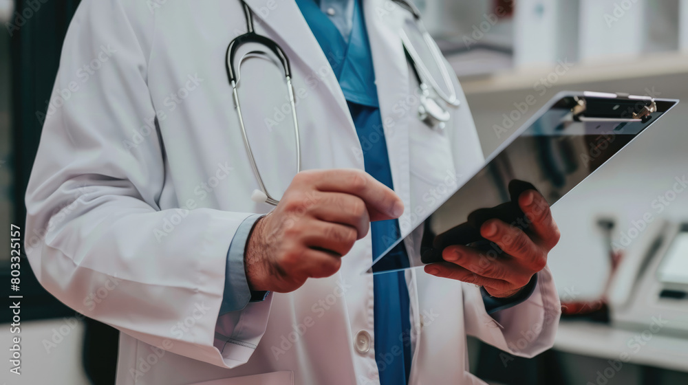Doctor reading patient's chart to study symptoms and make diagnosis ...