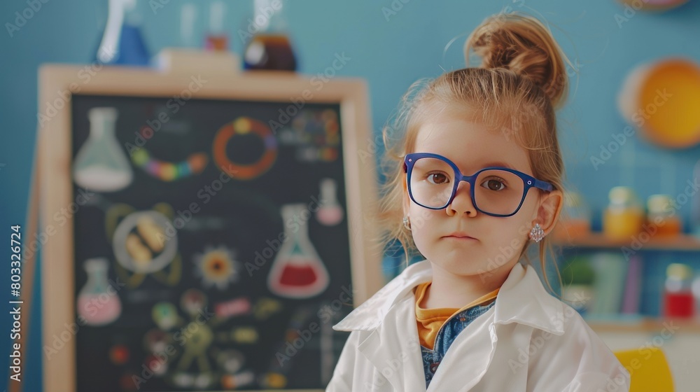 Portrait little child dressed science lab coat in classroom at school ...