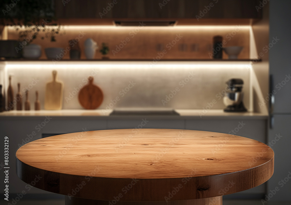 Vacant stunning circular wood tabletop counter on interior in clean and ...
