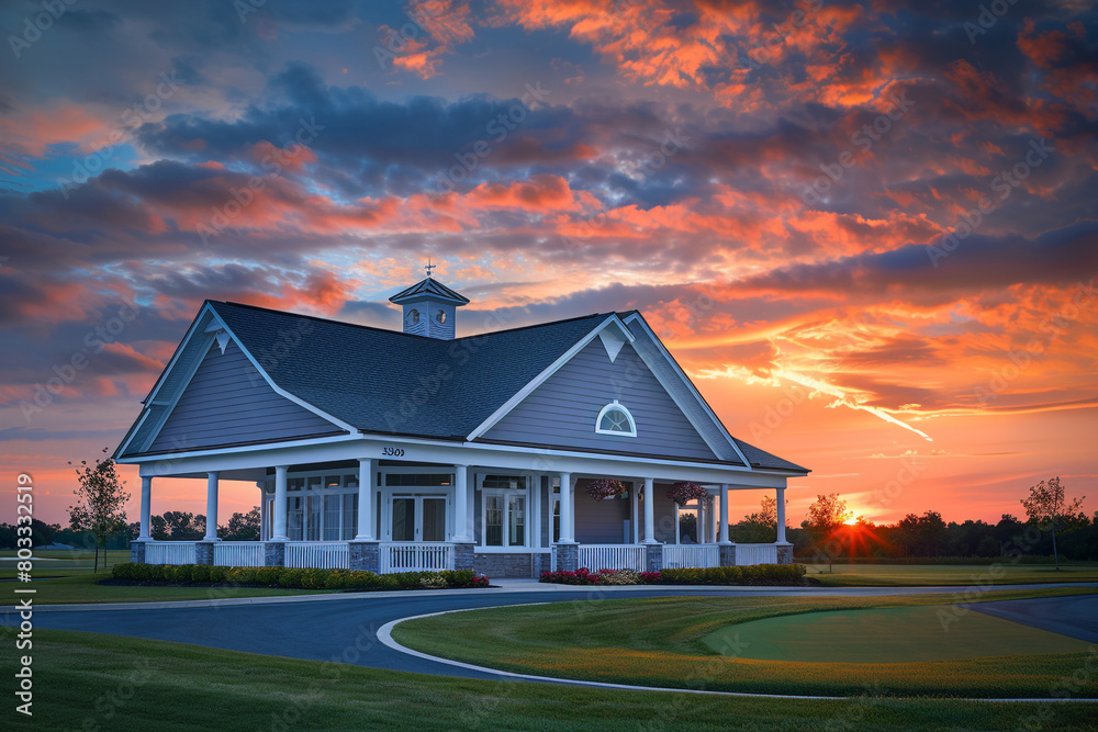 Dramatic sunset backdrop highlighting a new clubhouse with a white ...