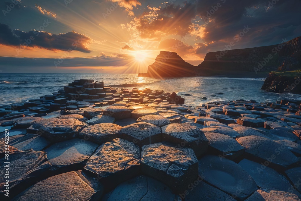breathtaking sunset over the iconic basalt columns of giants causeway ...