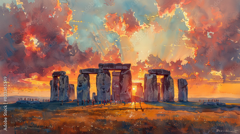 Dynamic watercolor painting of Stonehenge at sunset, capturing the warm ...