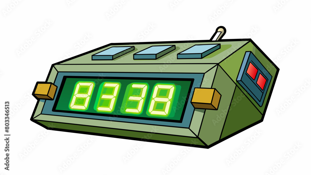 A digital clock with a flashing green light indicating it is set to ...