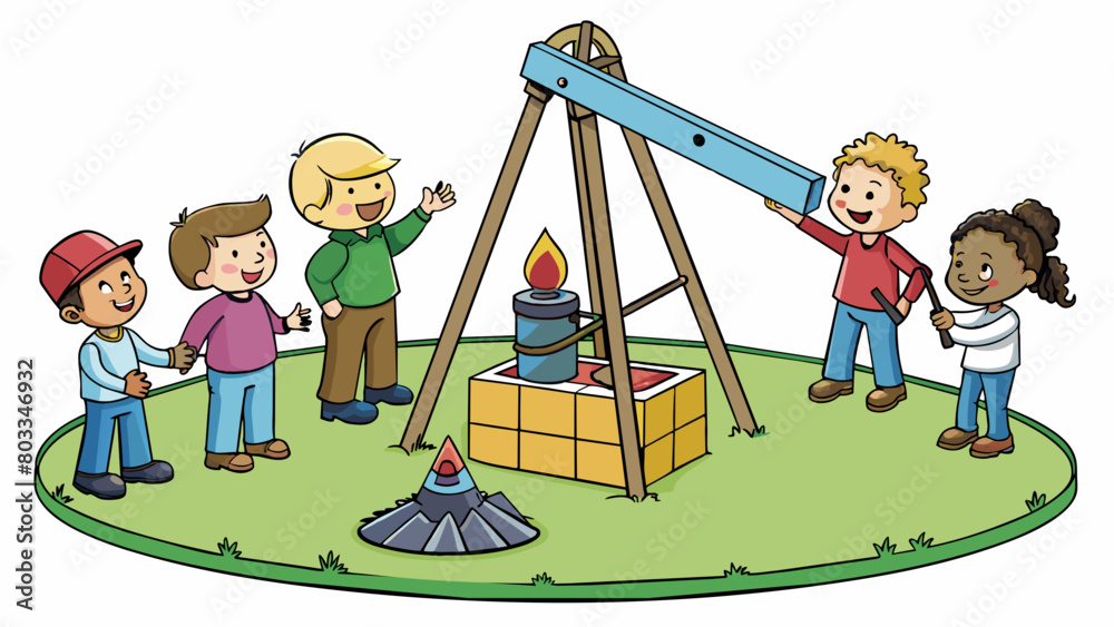 A group of children gathered around a makeshift oil rig in their ...