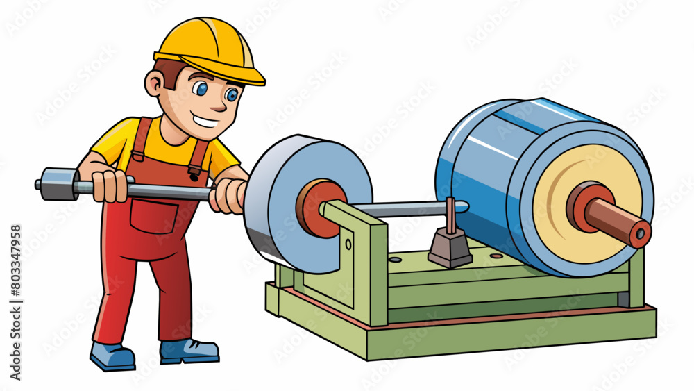 A metal lathe rotating a cylindrical piece of metal while a worker uses ...