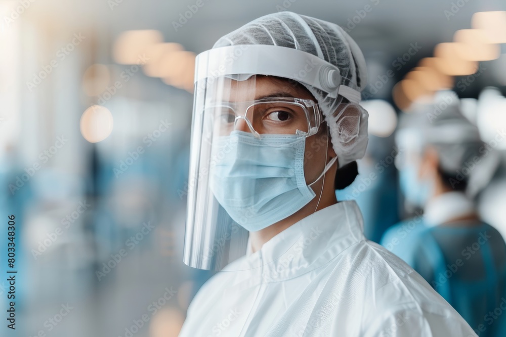 Biologist in biohazard suit conducting experiment in modern biological ...