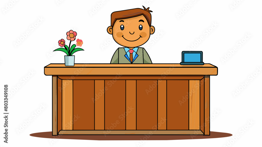 A reception desk is located at the entrance of a building with a large ...