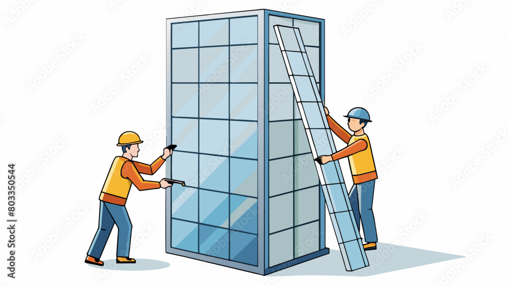 A team of construction workers are putting together a tall tower made ...