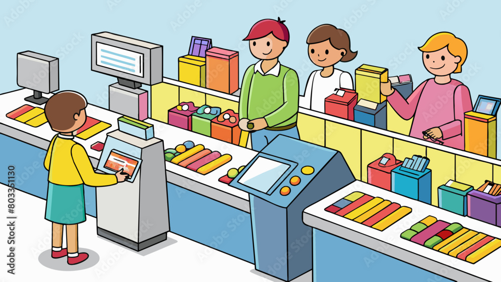 Busy checkout lanes with conveyor belts and barcode scanners manned by ...