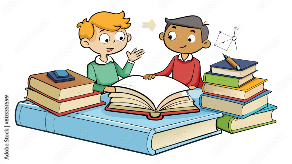 In a quiet library two students huddle over textbooks discussing ...