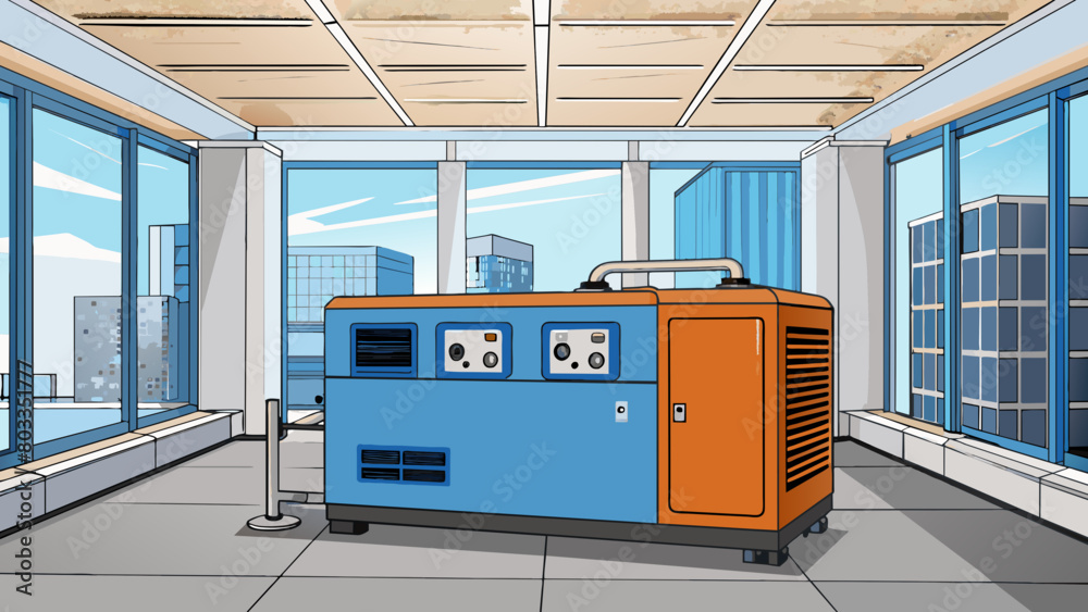 Inside a modern office building a large backup generator is housed in a ...
