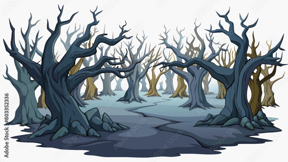 The backdrop depicts a dark eerie forest with twisted branches and ...