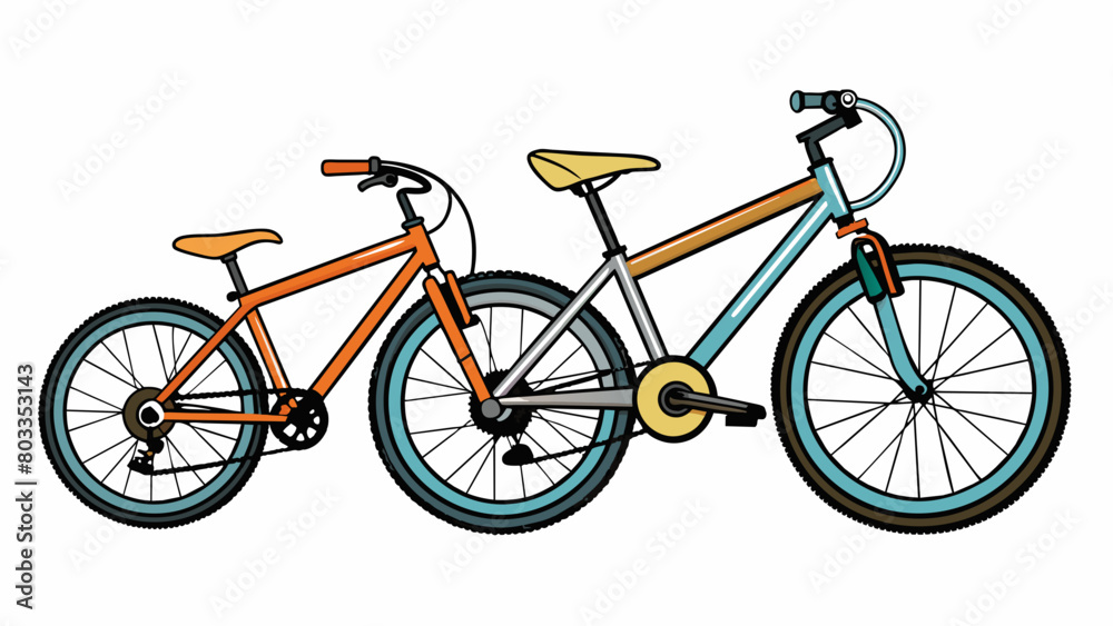 Two bicycles one is a mountain bike with thick tires and multiple gears ...