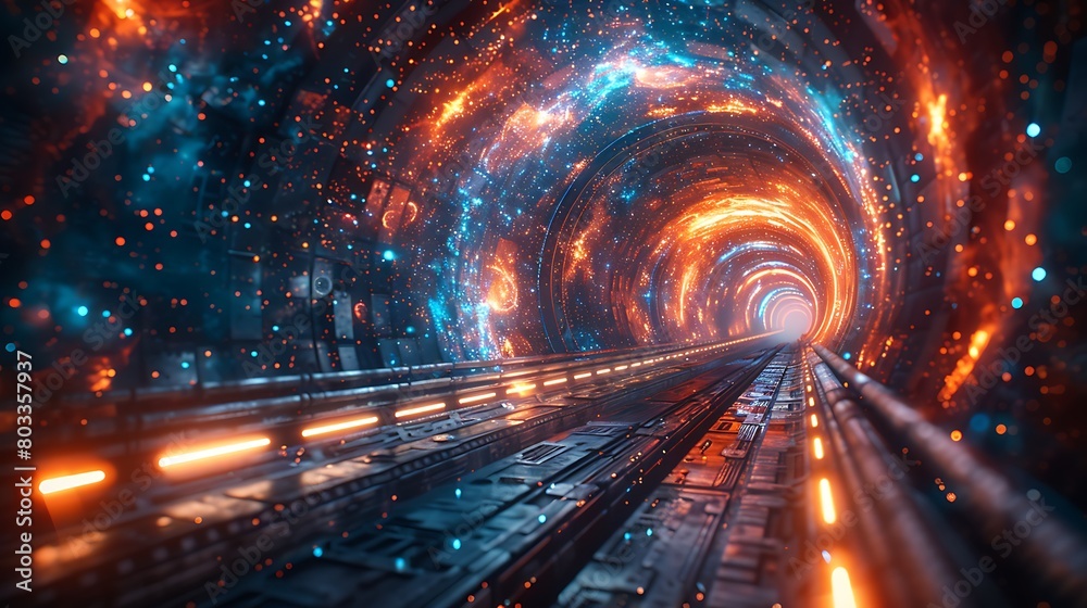 Show a futuristic vision of a Hyperspace Tunnel, with geometric ...