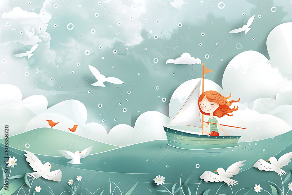 girl sailing boat in the sea, waves and gulls around, illustration book ...