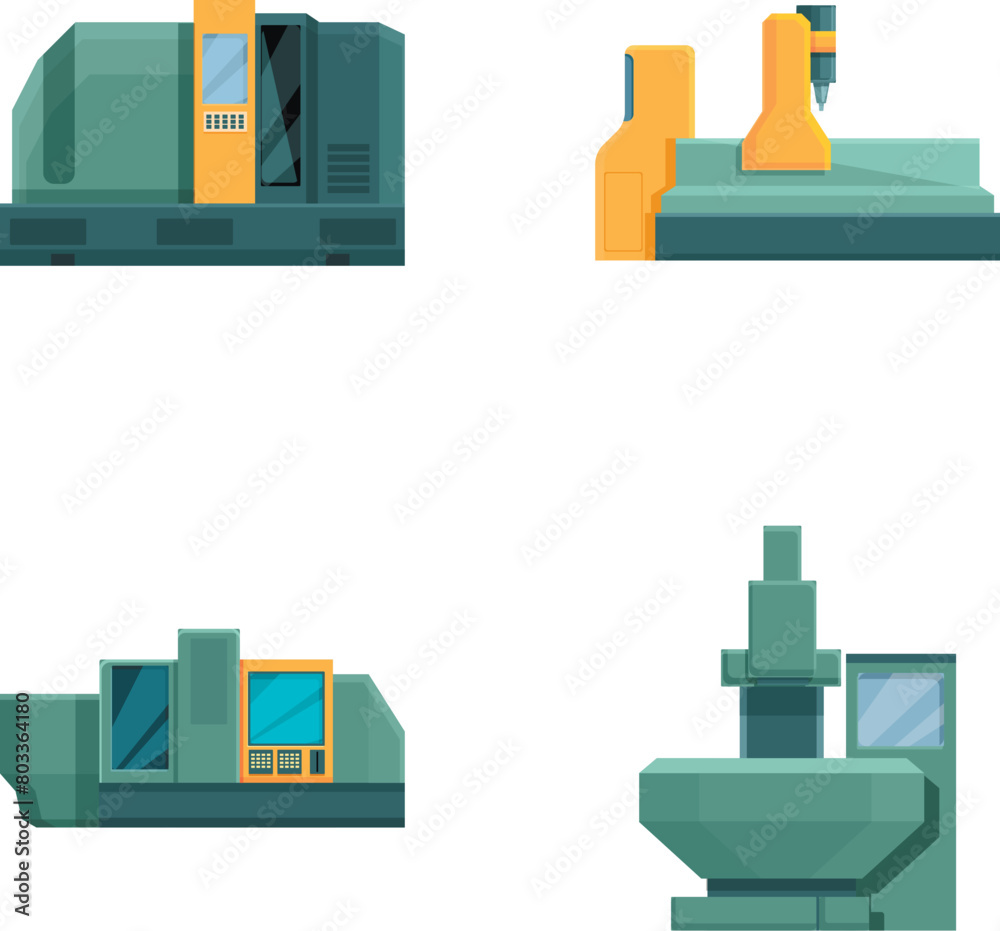 Mill controller icons set cartoon vector. Computer controlled milling ...