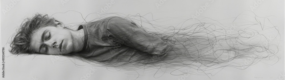 Graphic drawing of a sleeping person who seems to dissolve or disappear ...