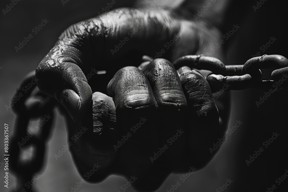 Hand of a black person holding a black chain, concept of Juneteenth ...