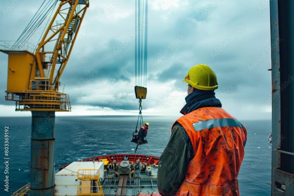 Dock supervisor and crane driver surveying weather from the top of ...