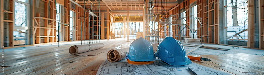 Construction site interior with hard hats, plans, and tools ...