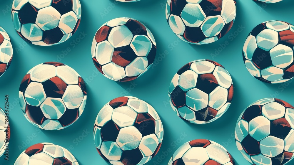 The image shows a blue background with a pattern of soccer balls. The ...