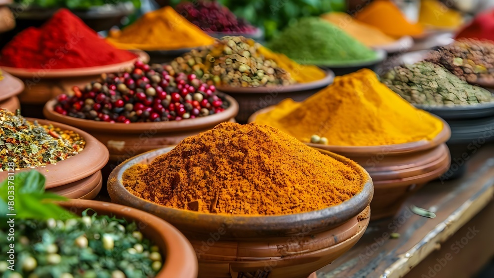 Colorful spice bowls in Indian market with copy space for food ads ...