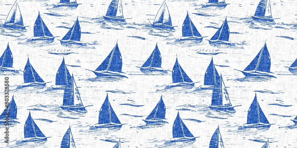 Coastal sail boat in azure ocean blue seamless border background ...