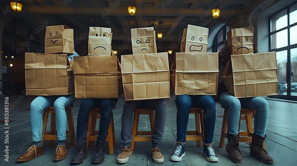 Concealed Emotions: Group of People with Drawn Faces in Clean, Modern ...