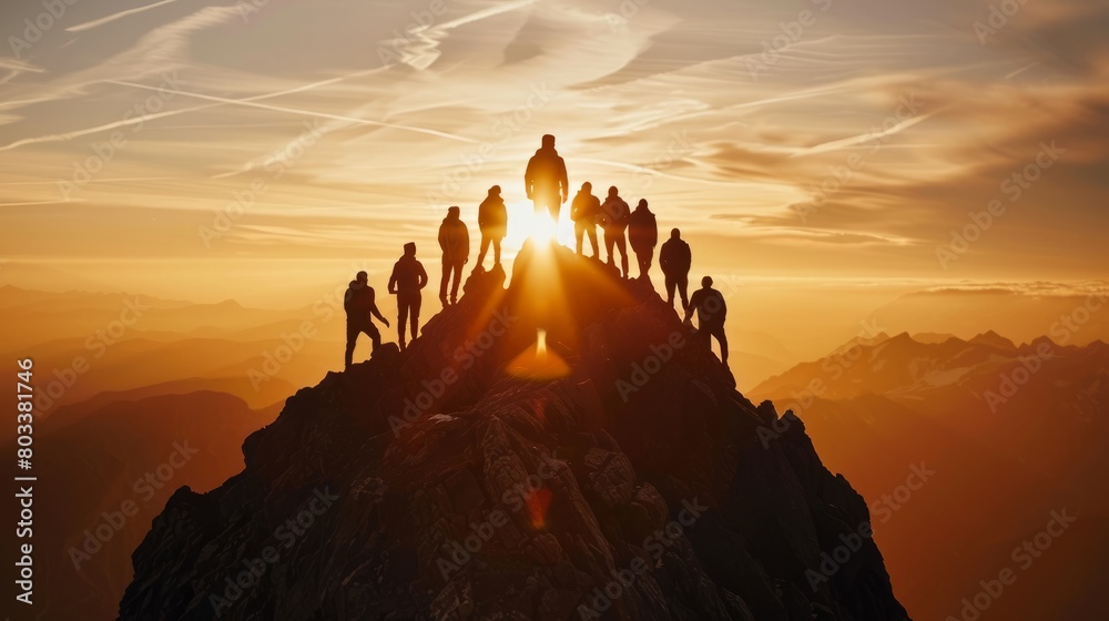 Silhouette of business team stand and feel happy on the most hight at ...