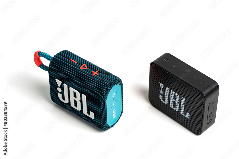 Lyon, France - February 6, 2024: Top down view of two JBL Bluetooth ...