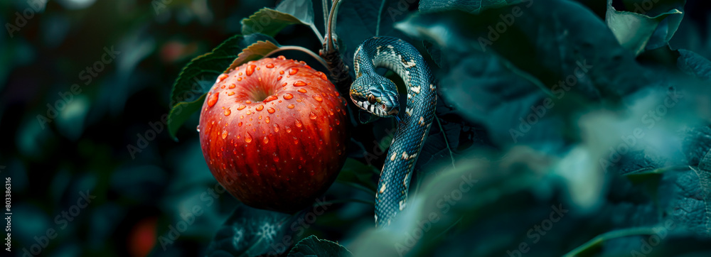 Forbidden Fruit: Serpent in Apple Tree with Tempting Red Apple ...