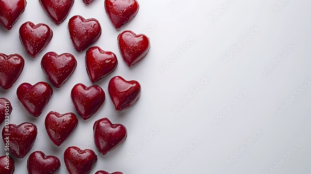 A collection of heart-shaped candies sits atop a pristine white surface ...