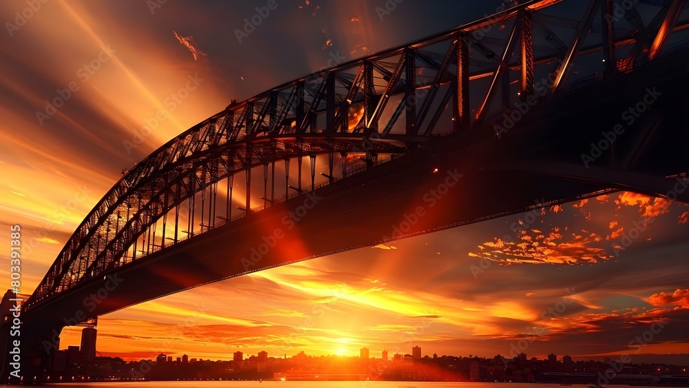 Iconic Australian Landmark: Sydney Harbour Bridge at Sunset Displaying ...